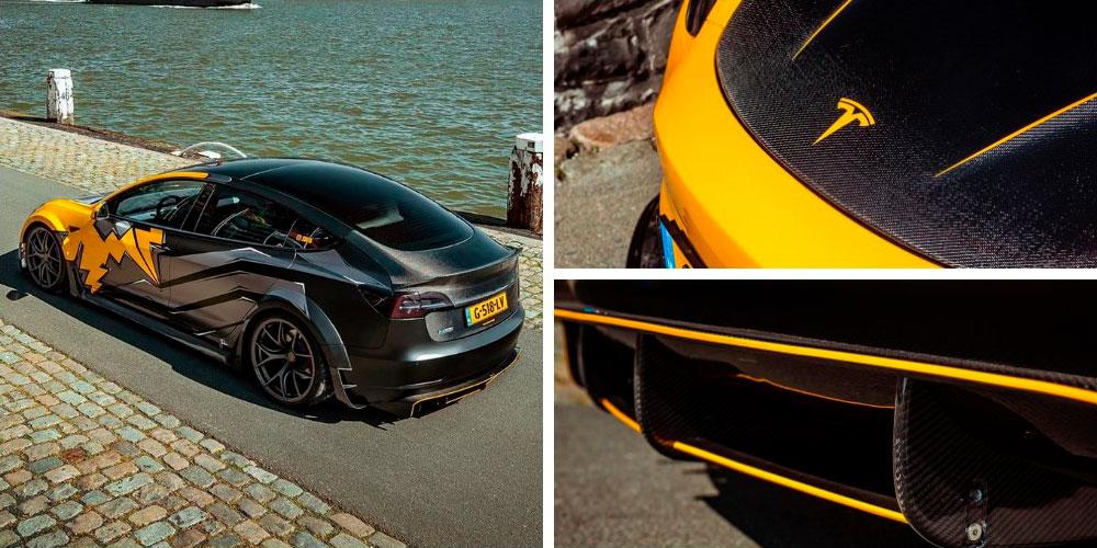 Широкотелый Tesla Model 3 «Yellow Flash» получил карбоновый капот и ...